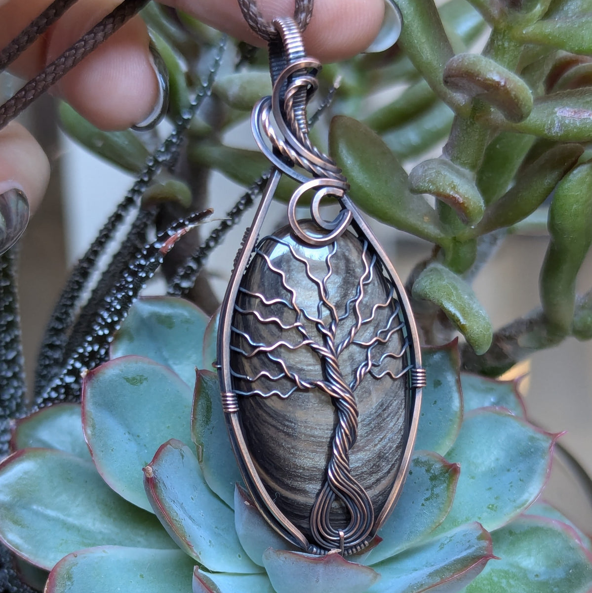 Golden Sheen Obsidian Tree of Life Wire Wrapped Pendant in Oxidized Co ...